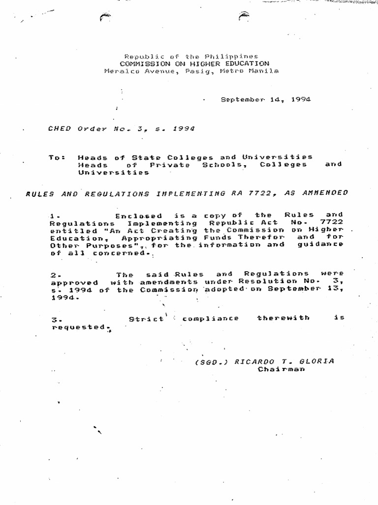 CO No. 03 Series of 1994 Rules and Regulations Implementing RA 7722 As ...