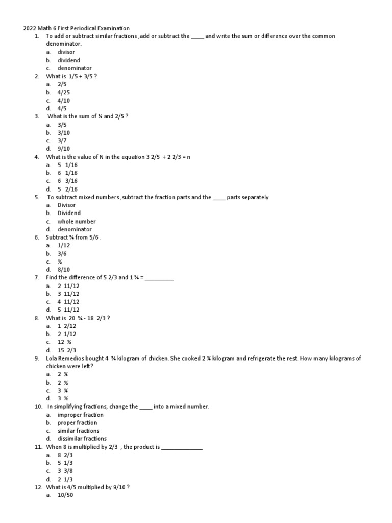 First Periodic Examination Math 6 2 | PDF | Division (Mathematics) | Abstract Algebra