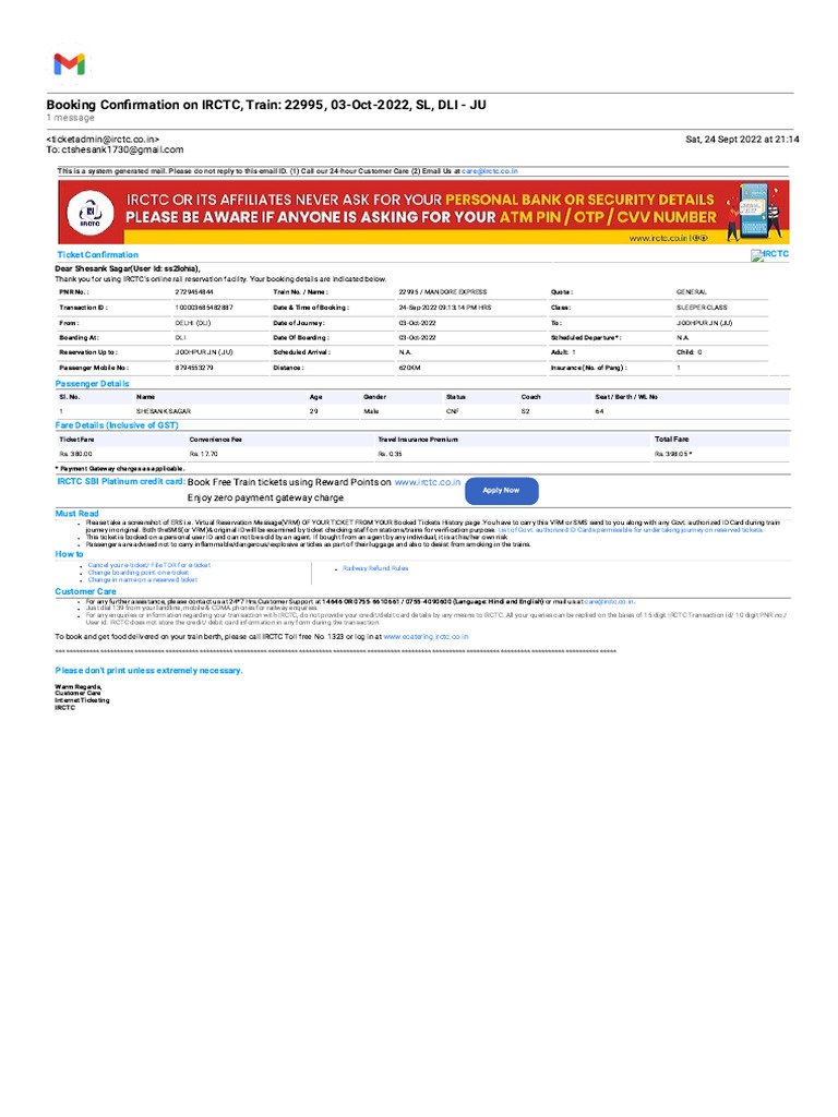 Gmail - Booking Confirmation On IRCTC, Train - 22995, 03-Oct-2022, SL, DLI - U | PDF | Credit ...