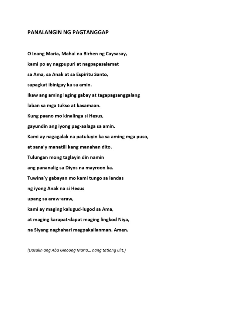 PANALANGIN NG PAGTANGGAP NG IMAHEN NG BIRHEN NG CAYSASAY | PDF