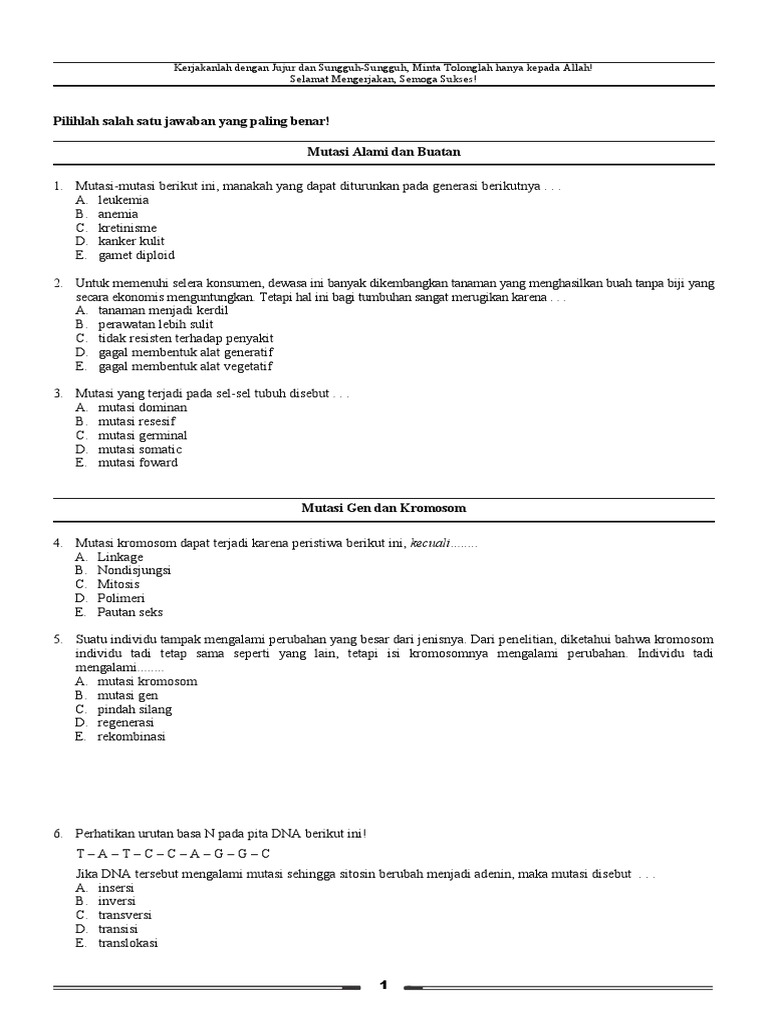 Bank Soal BIOLOGI - 12 SMA IPA - Bab - Mutasi | PDF