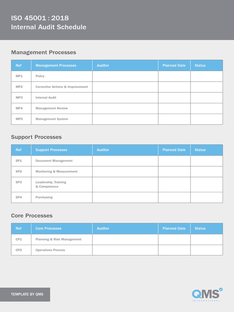 QMS Internal Audit Schedule Template ISO 45001 | PDF
