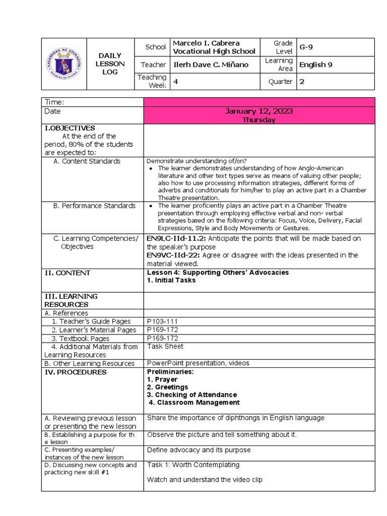 Grade 9 English Lesson Plan | PDF | Learning | Teachers