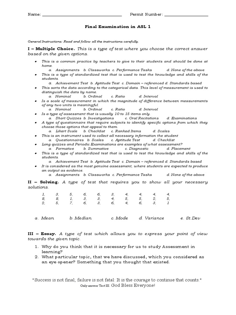 Final Examination in ASL 1 | PDF | Level Of Measurement | Test (Assessment)