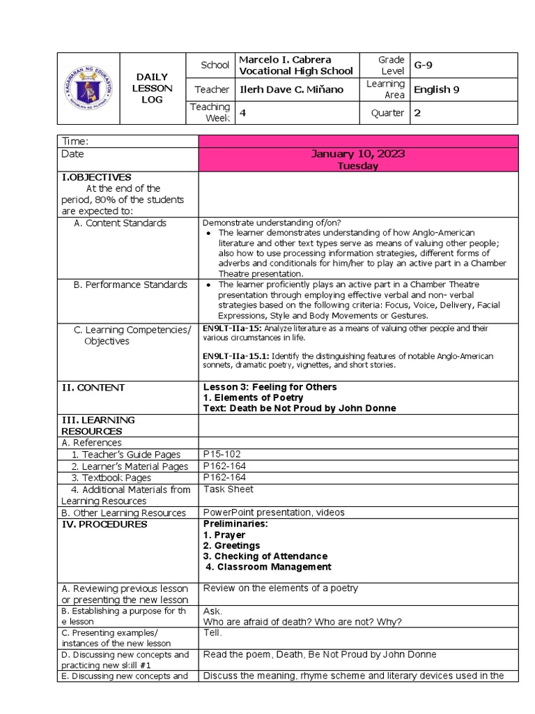 DLL Jan 10 q2 Feelings-For-Others Death Be Not Proud | PDF | Poetry ...