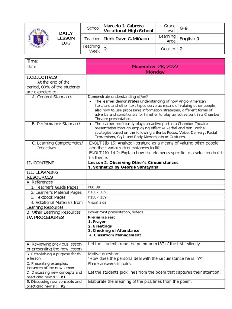 DLL NOV 28 q2 OBSERVING-OTHERS-CIRCUMSTANCES Sonnet29 | PDF | Learning | Teachers