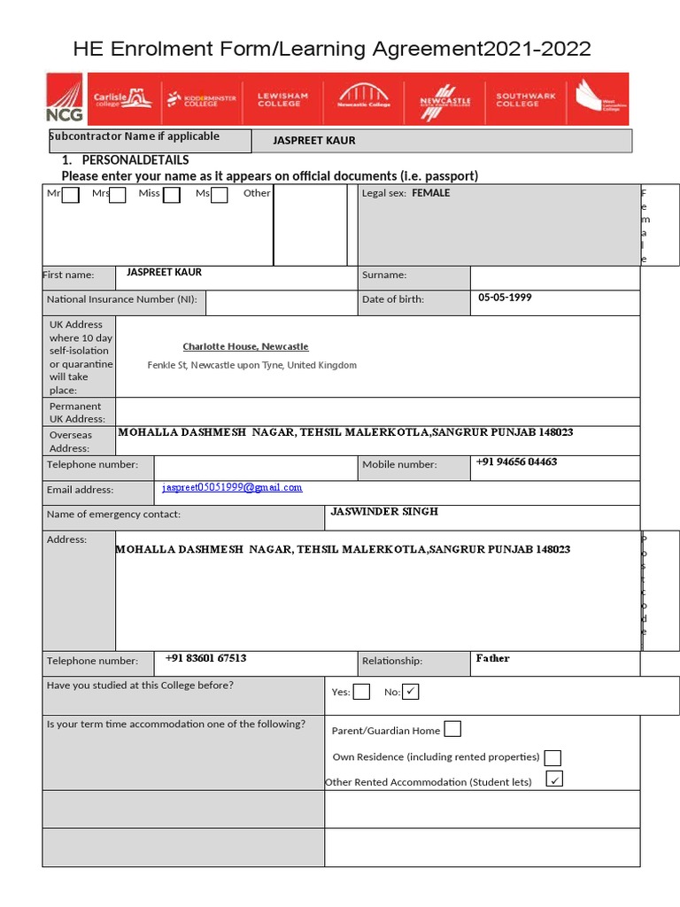 Jaspreet Kaur Malerkotla HE Enrolment Form | PDF | Disability | Learning Disability