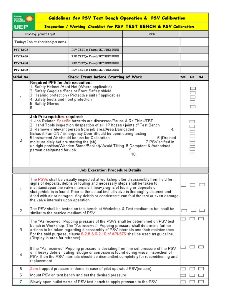 Guidelines For PSV Test Bench & PSV Testing | PDF | Valve | Personal ...