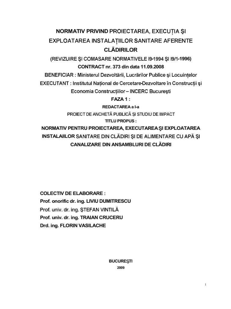 I9 - Normativ PT Proiectarea Si Executia Inst - Sanitare Cladiri | PDF