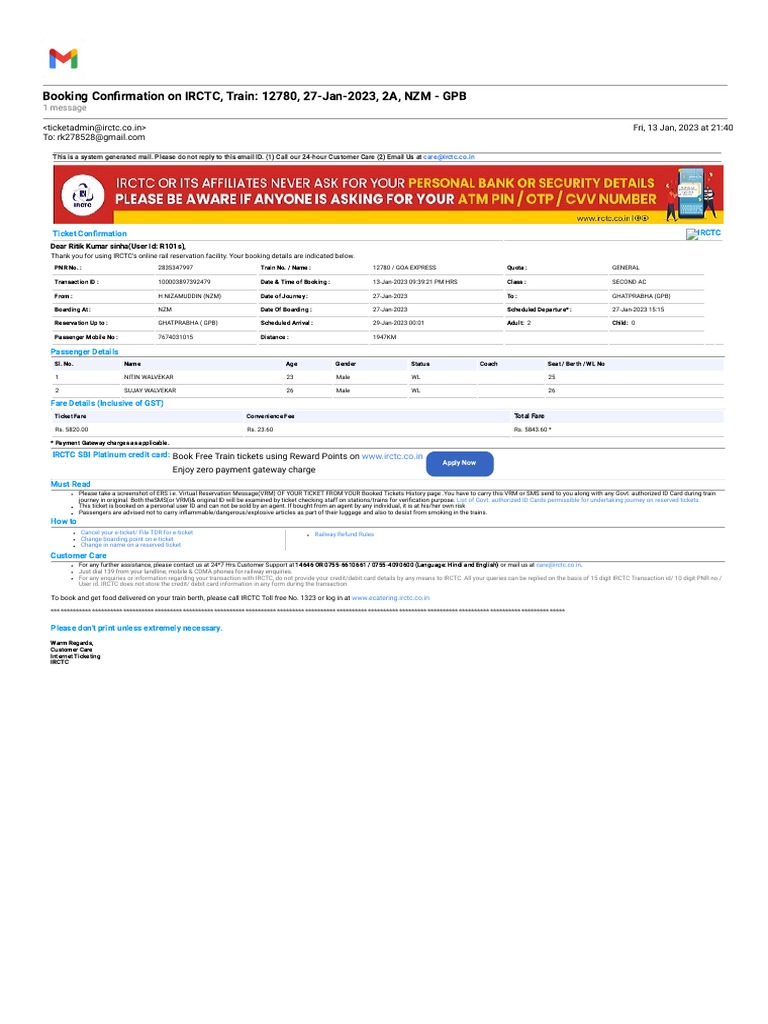 Gmail - Booking Confirmation On IRCTC, Train - 12780, 27-Jan-2023, 2A, NZM - GPB | PDF | Credit ...