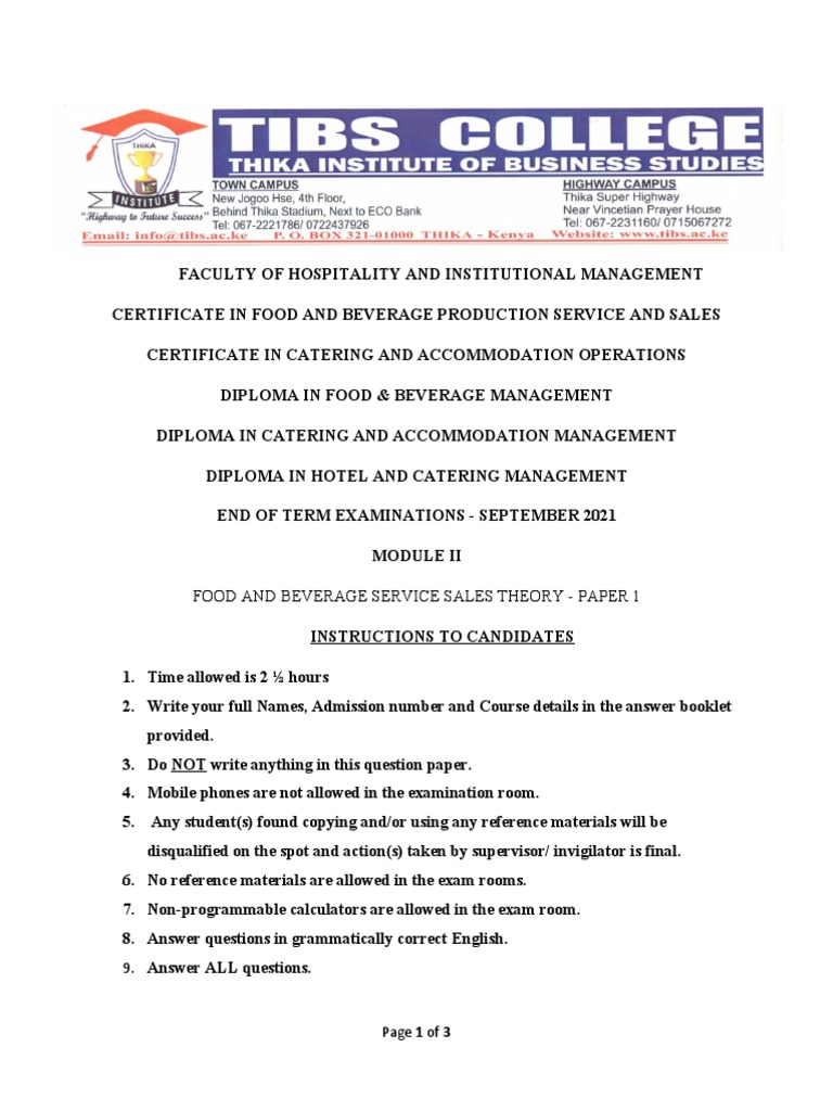 Food & Beverage Service Module II Paper 1 Exams | PDF | Test (Assessment)