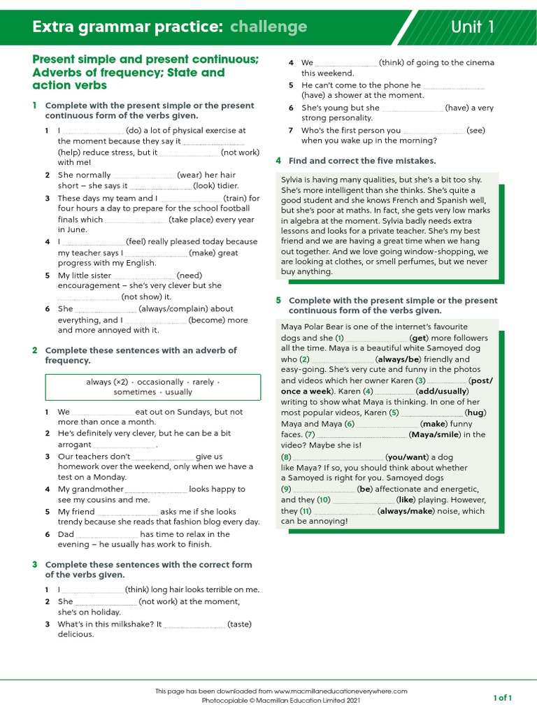 B1PLUS U1 Extra Grammar Practice Challenge | PDF