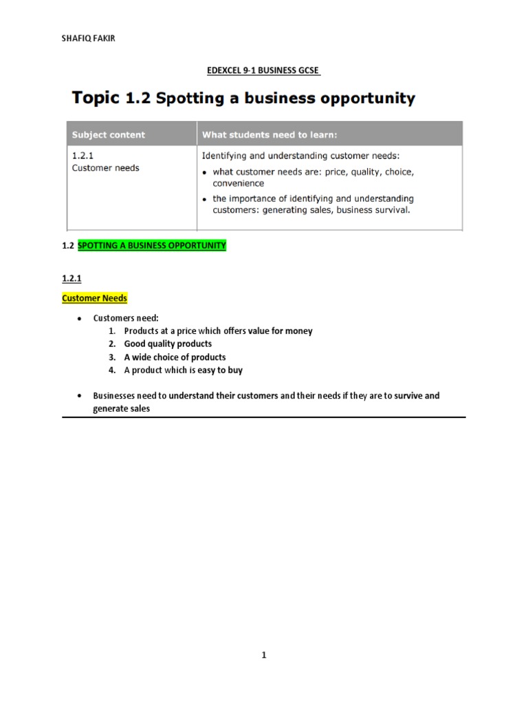 GCSE Business: Spotting Opportunities | PDF