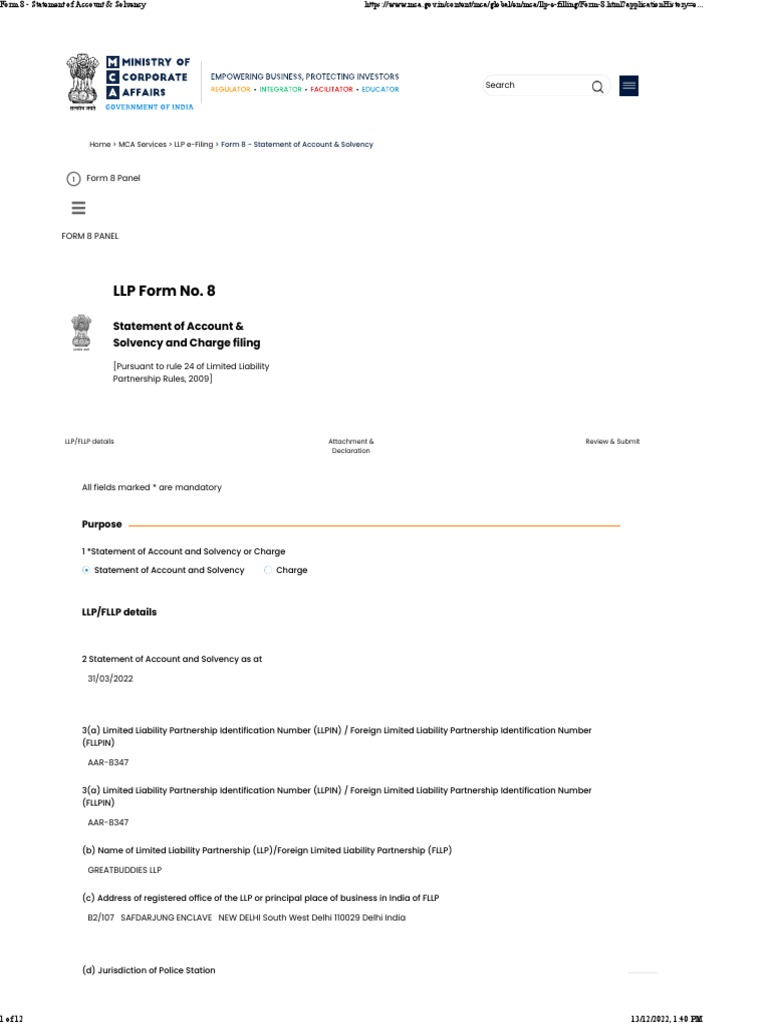 Form 8 - Statement of Account & Solvency | PDF | Limited Liability Partnership | Law