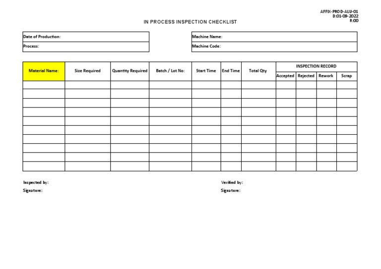 AFFIX-PROD-ALU-01 Inprocess Inspection Checklist - Welding | PDF