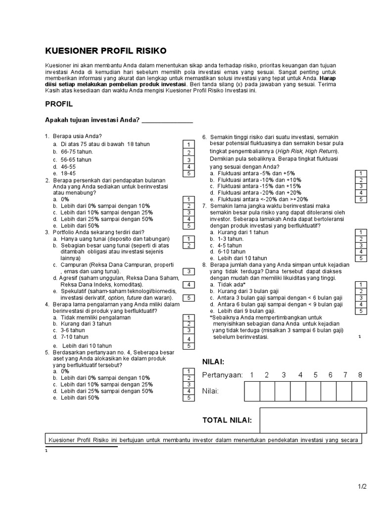 Kuesioner Profil Risiko Emas 2017 | PDF