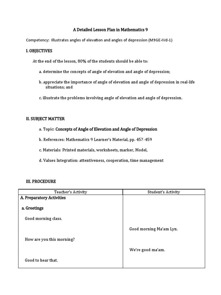 Angles of Elevation and Depression Lesson Plan | PDF | Lesson Plan ...