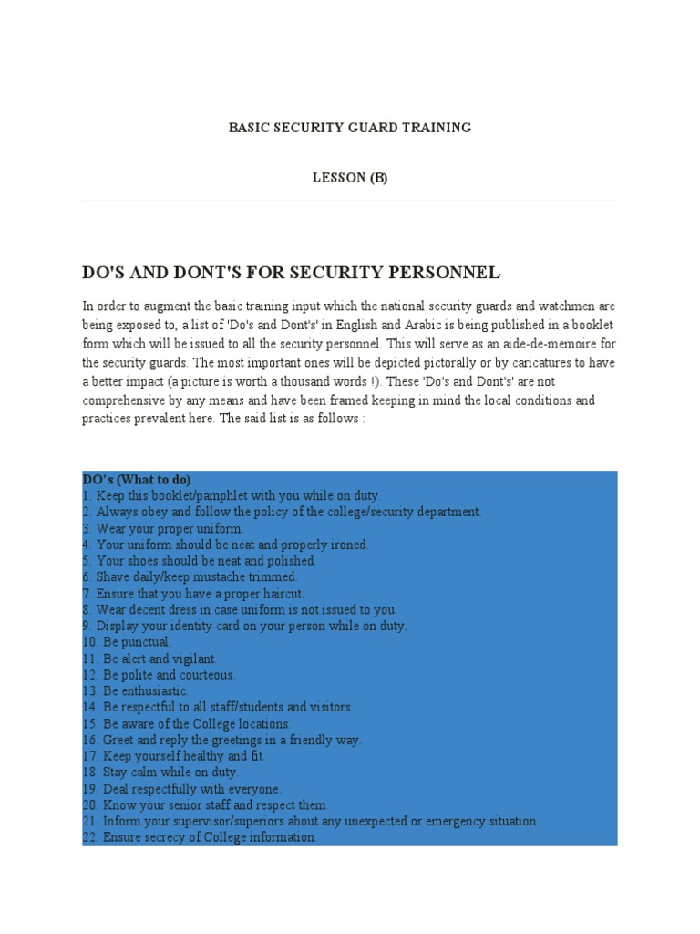 Do and Dont of Security Guard | PDF | Security Guard | Police