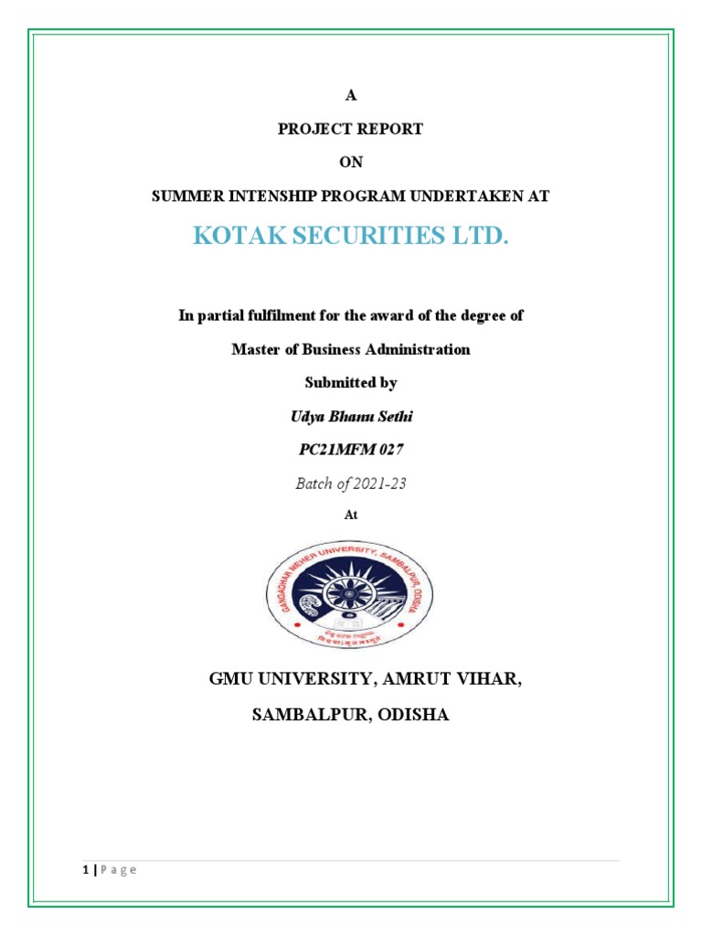 Kotak Security Intenship Report | PDF | Stocks | Investing