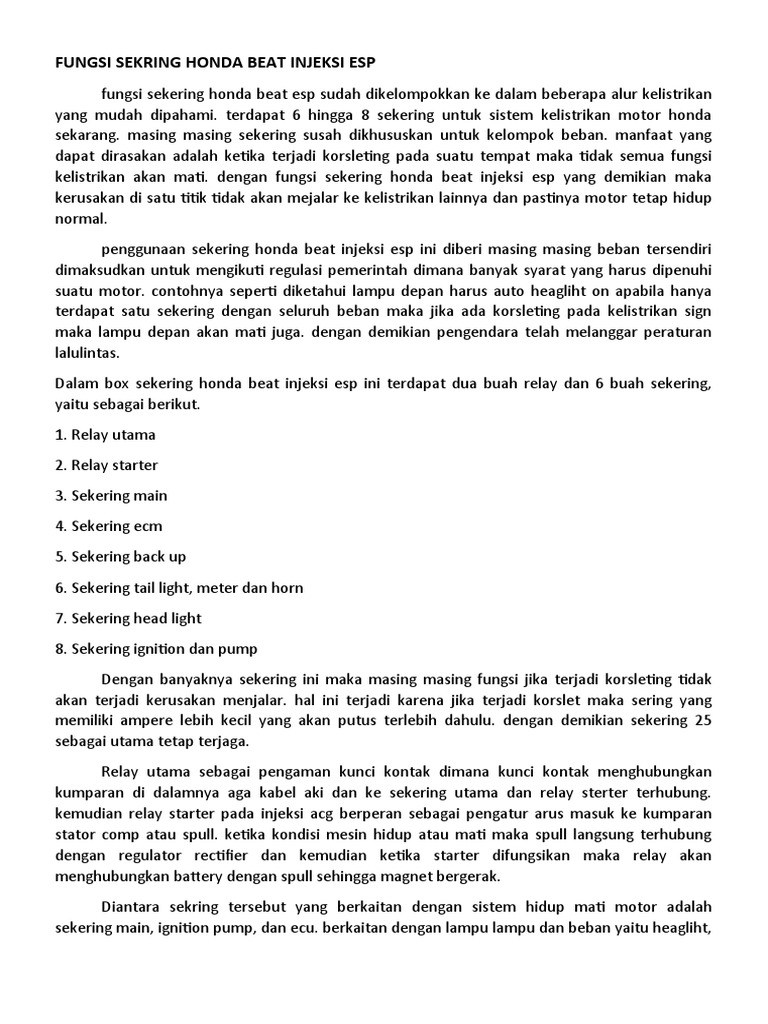 Fungsi Sekring Honda Beat Injeksi Esp | PDF