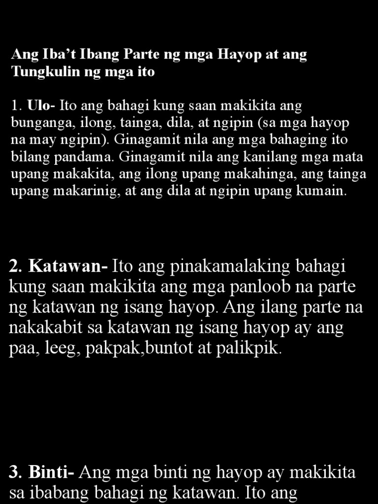 Ang Iba't Ibang Parte NG Mga Hayop at | PDF