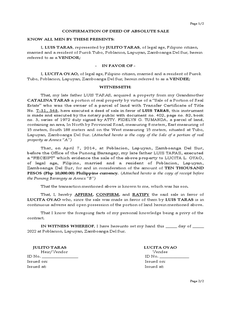 Confirmation of Deed of Sale | PDF | Law And Economics | Civil Law ...