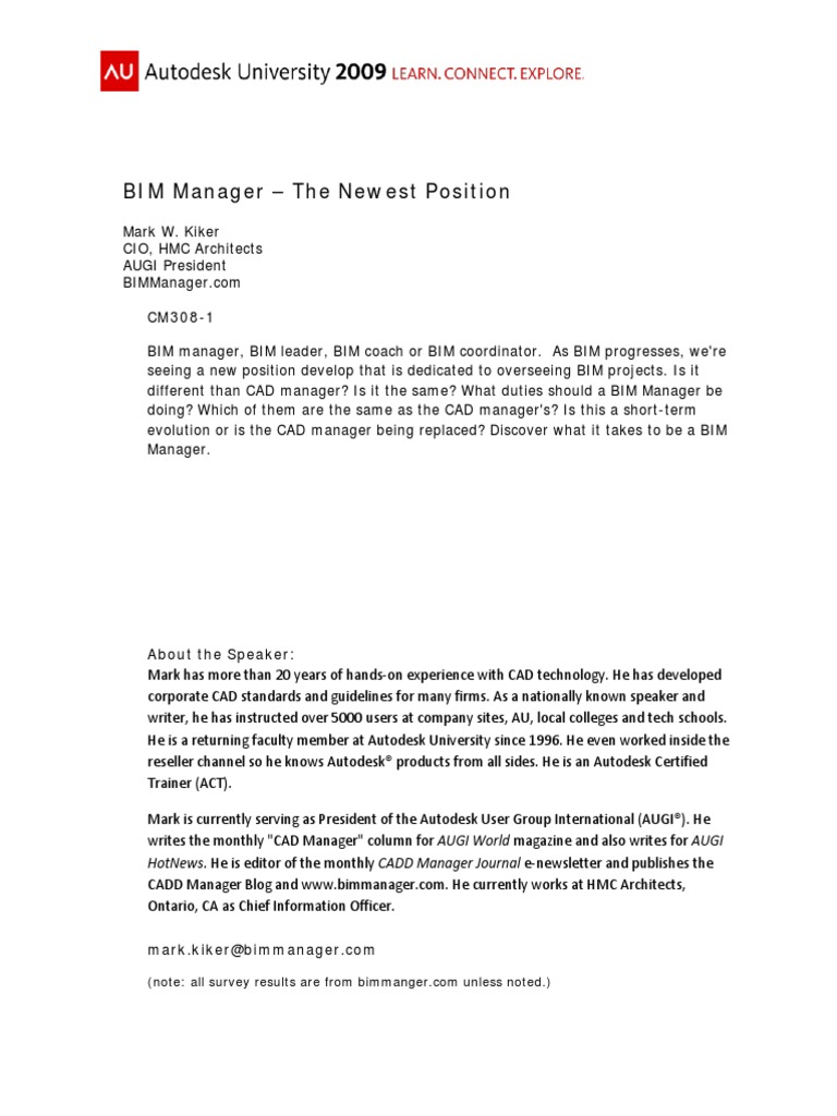 CM308 1 BIM Manager 2009 Handout | PDF | Building Information Modeling ...