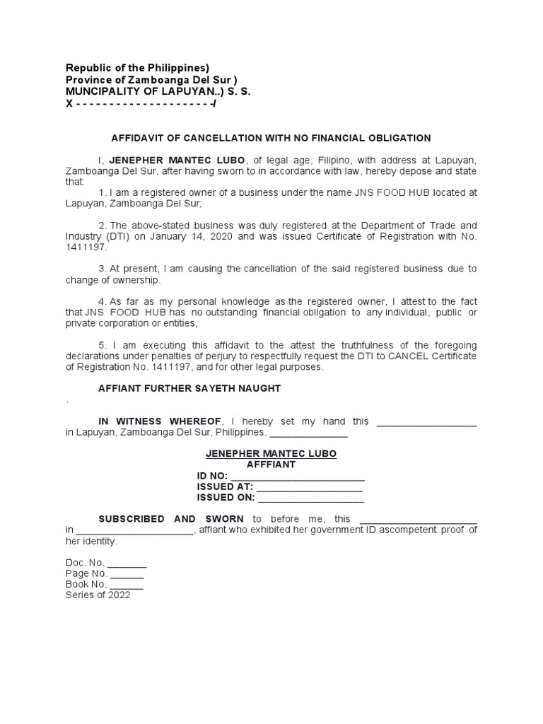 Affidavit of Cancellation No Obligation | PDF | Business | Finance ...