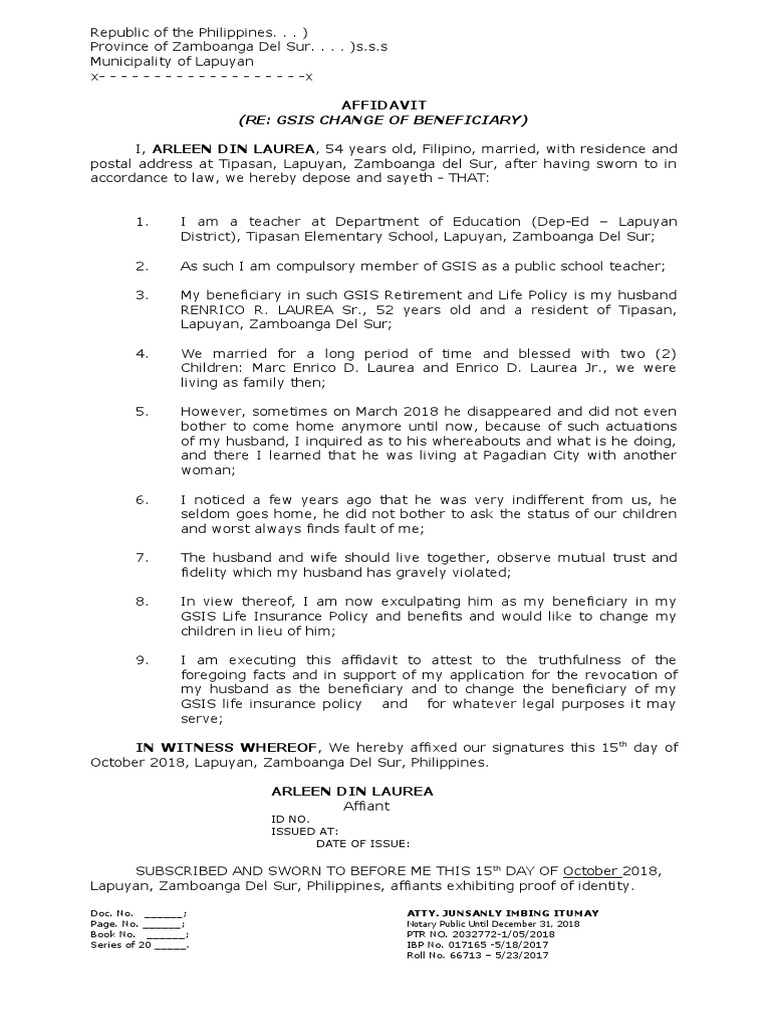Affidavit Change of Beneficiary | PDF | Affidavit | Public Law