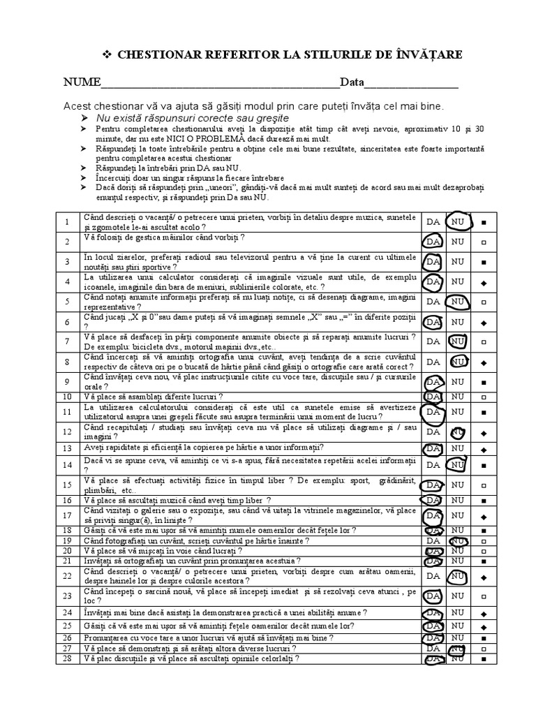 Chestionar Referitor La Stilurile de Nvatare 387 | PDF