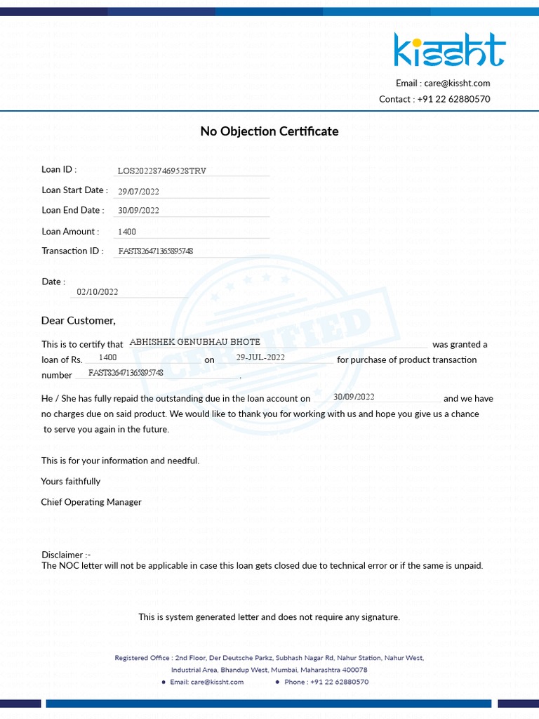 No Objection Certificate - Loan Repayment Confirmation | PDF
