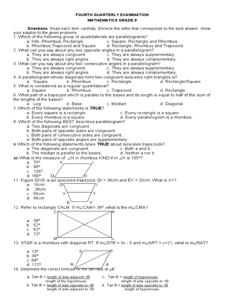 Grade 9 Trigonometry Exam Questions | PDF | Trigonometric Functions ...