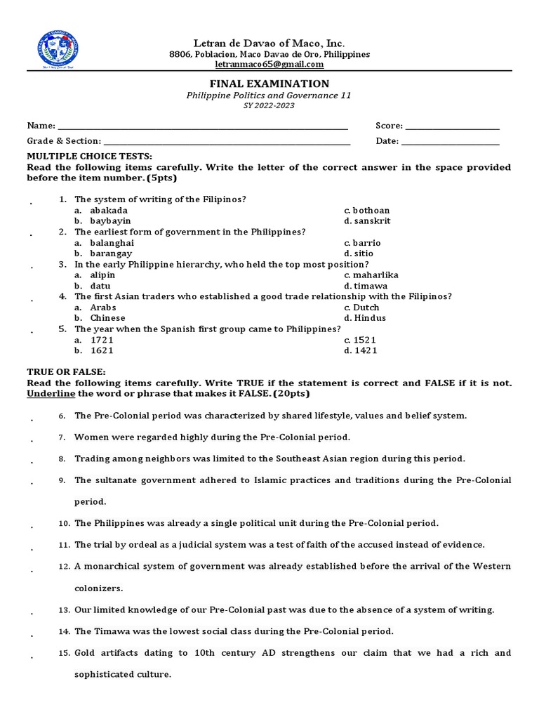 Final Exam in PPG-11-2022-2023 Letran | PDF