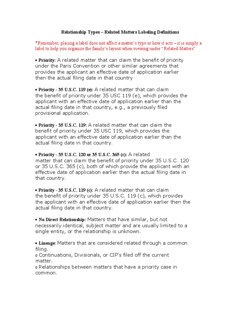 Relationship Types in Patent Applications | PDF | Priority Right ...