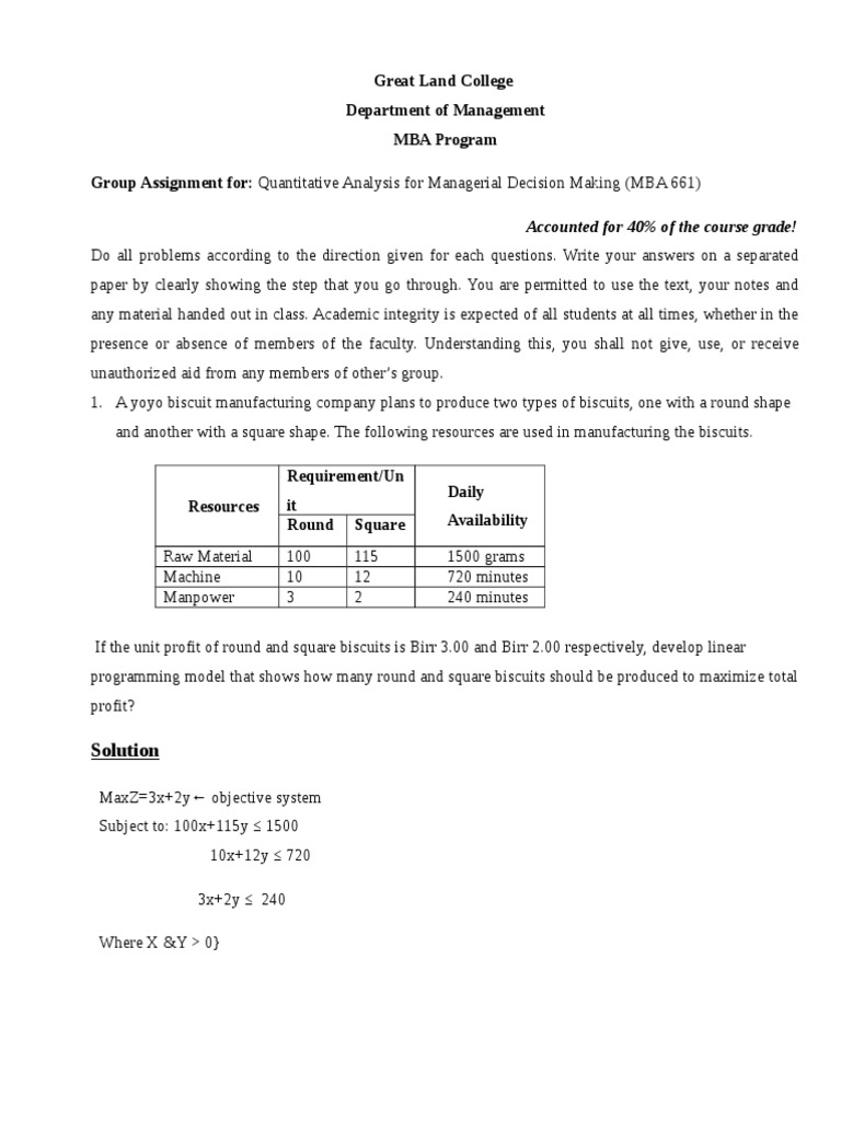 MBA Quantitative Analysis Guide | PDF | Mathematical Optimization | Linear Programming