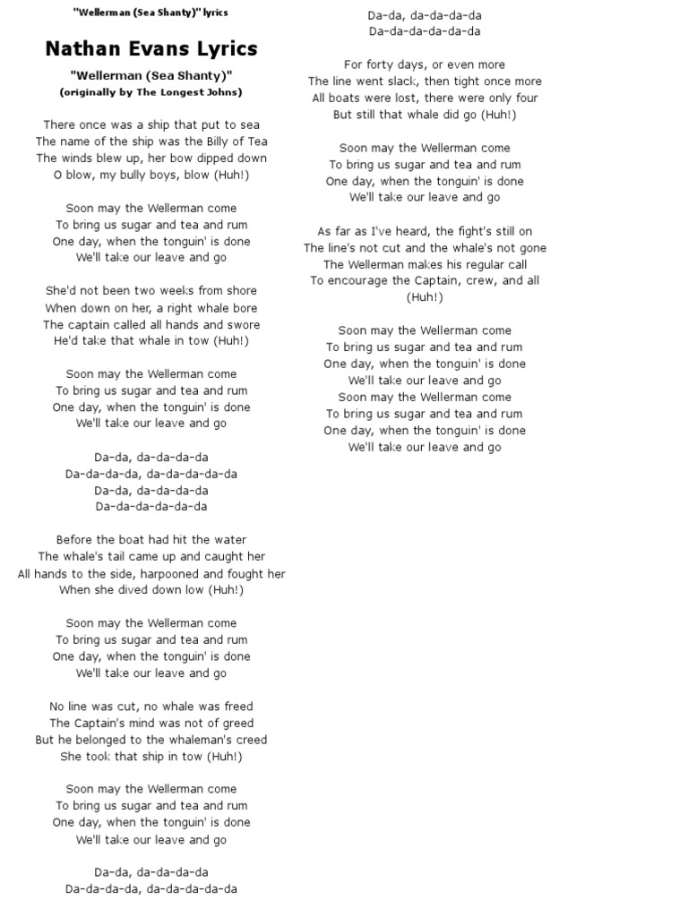 Nathan Evans - Wellerman (Sea Shanty) Lyrics | PDF | Ships | Water ...
