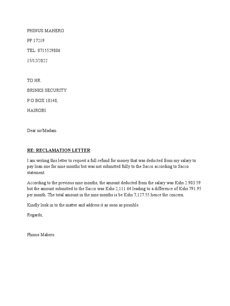 Phinus Mahero Reclamation Letter | PDF