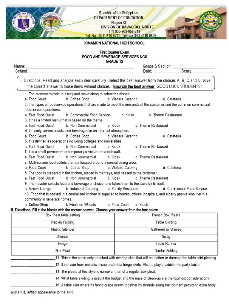 1st Quater Exam FBS 12 | PDF | Restaurants | Foodservice