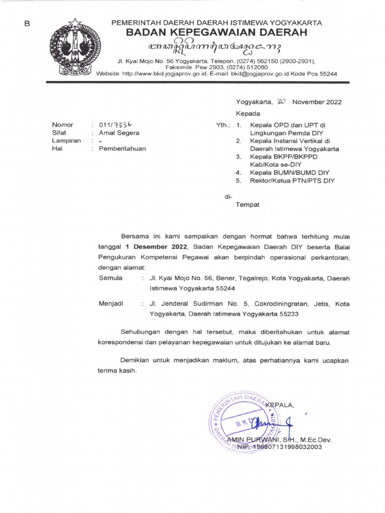 Surat Keluar Pemberitahuan Pindah Gedung BKD DIY | PDF Surat Keluar Pemberitahuan Pindah Gedung BKD DIY | PDF
