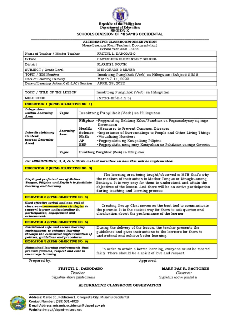 Alternative Classroom Observation: Integration Within Learning Area ...
