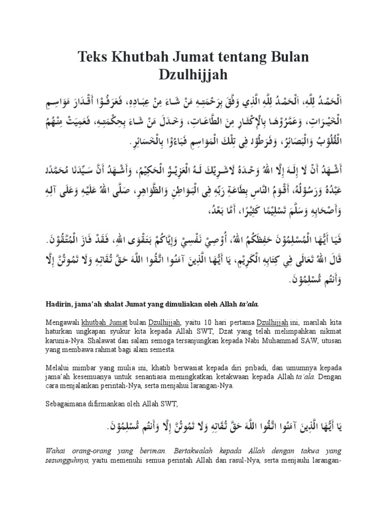 Teks Khutbah Jumat Tentang Bulan Dzulhijjah | PDF