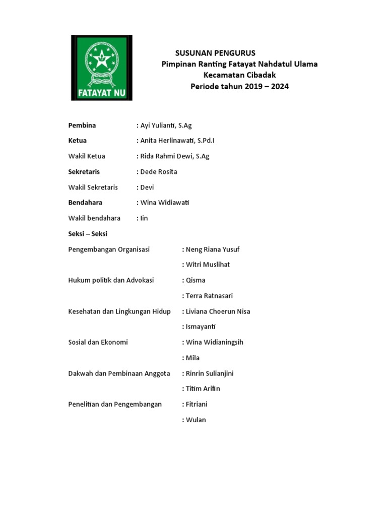 Susunan Pengurus Fatayat Nu | PDF
