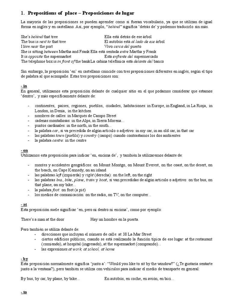 Prepositions of Place | PDF | Preposición y Postposición