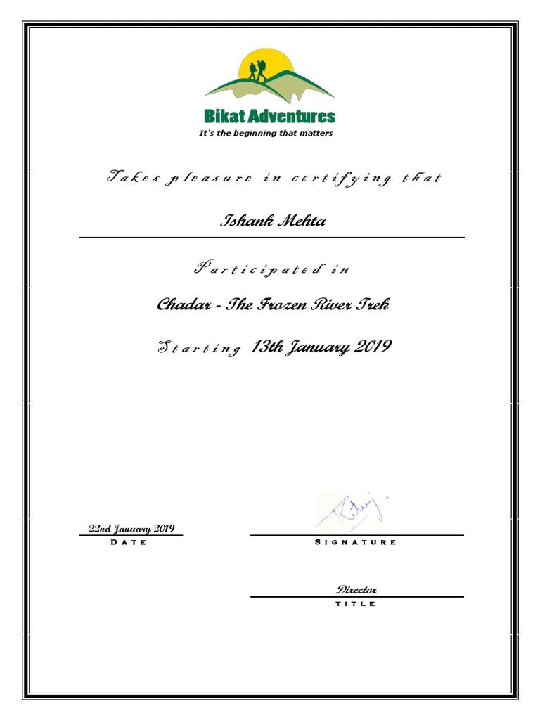 Chadar Trek Completion Certificate | PDF