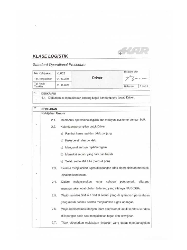 Sop Driver Klase Logistik | PDF