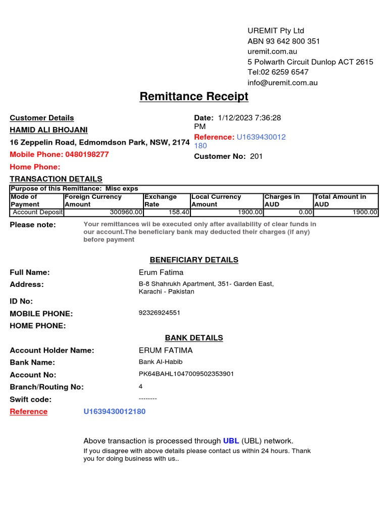 Remittance Receipt: Uremit Pty LTD ABN 93 642 800 351 5 Polwarth ...