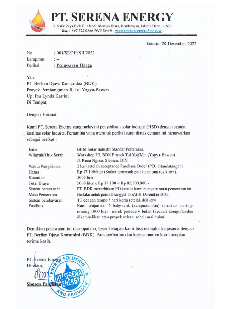 Surat Penawaran Kepada PT. Berlian Djaya Konstruksi (BDK) | PDF