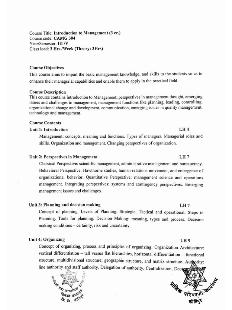 Introduction To Management Syllabus | PDF