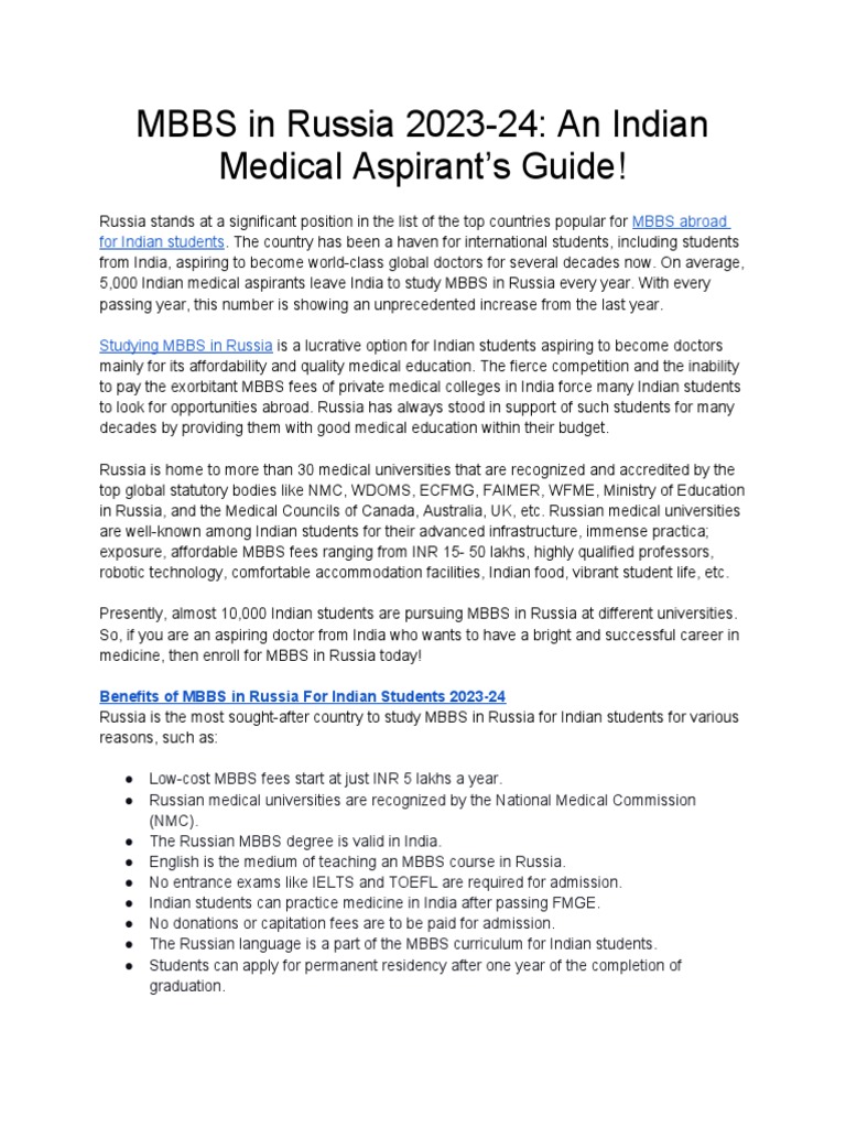 MBBS in Russia: A Guide for Indian Students | PDF | Medical School ...