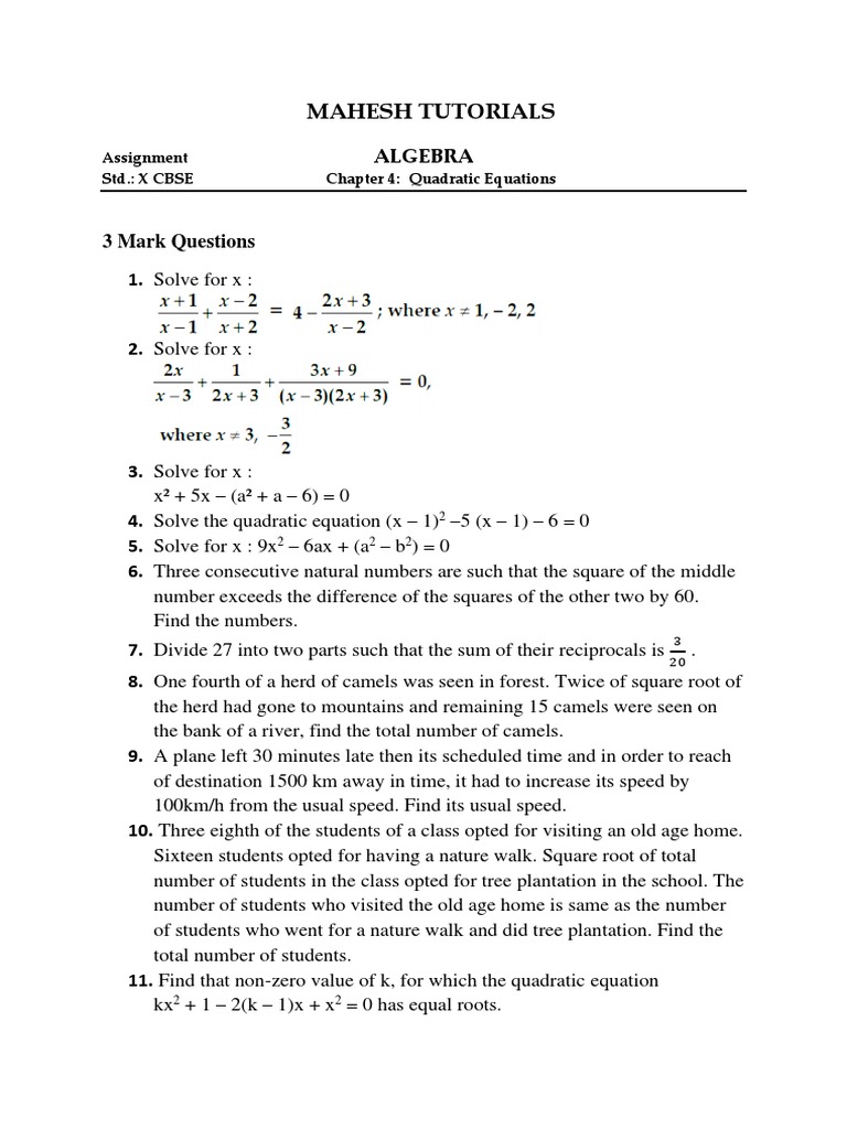 X CBSE Quadratic Equations Assignment | PDF | Quadratic Equation ...